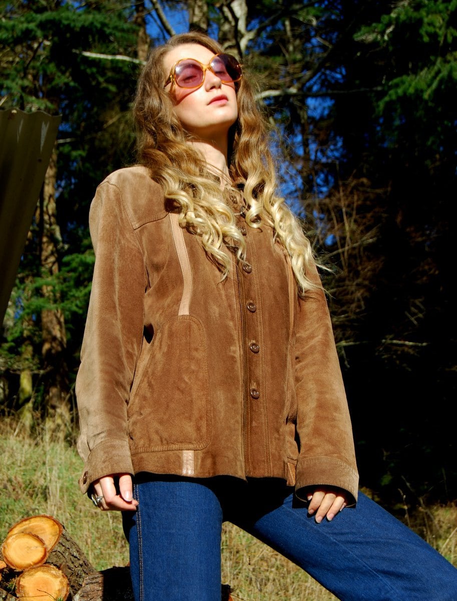 60s 70s Brown Suede Jacket - Hippie Boho Mod Mens 46 Tan Suede Leather ...