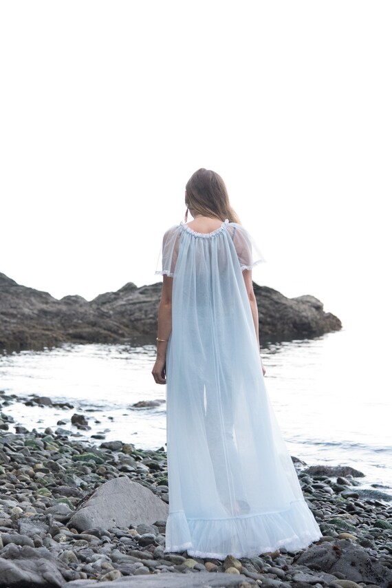 60s Peignoir Robe, Baby Blue Duster Robe, See Through… - Gem