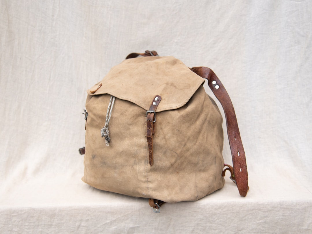 Vintage Canvas and Leather Backpack, 1950s 60s Hiking Rucksack ...