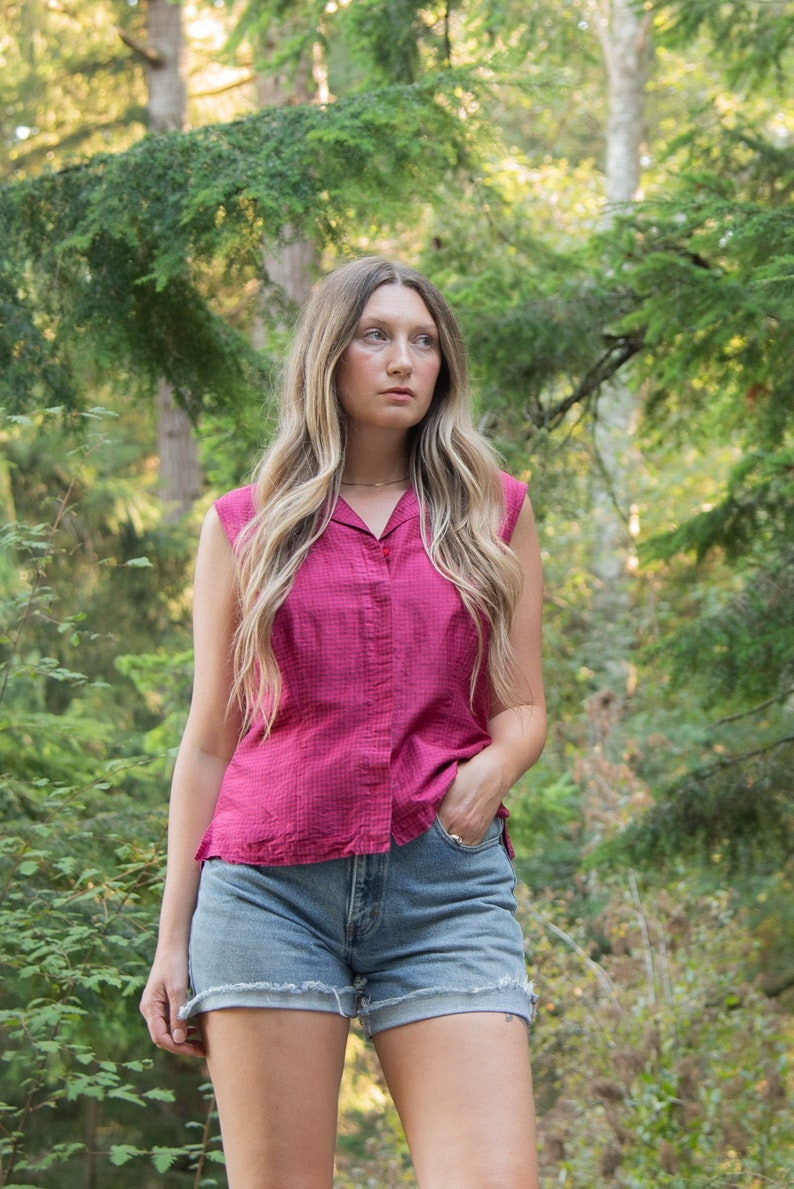 90s Clio Silk Blouse, Pink Purple Pinstripe Plaid Collared Tank Top ...