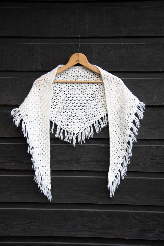 70s Crochet Shawl | White Open Knit Shawl with Fringe… - Gem
