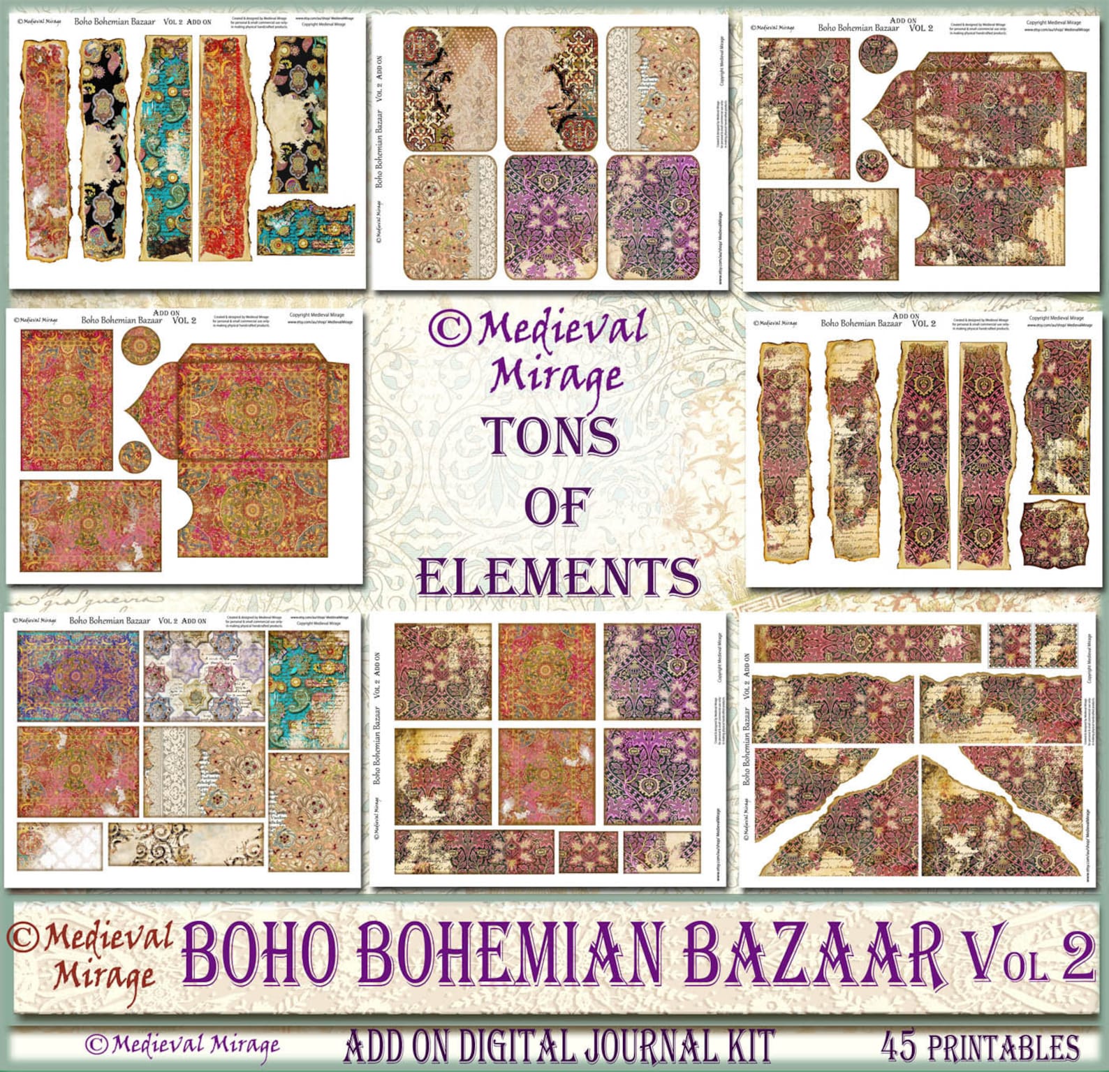 BOHO BOHEMIAN BAZAAR Vol 2- Add on Digital Journal Kit. 45 Printables ...