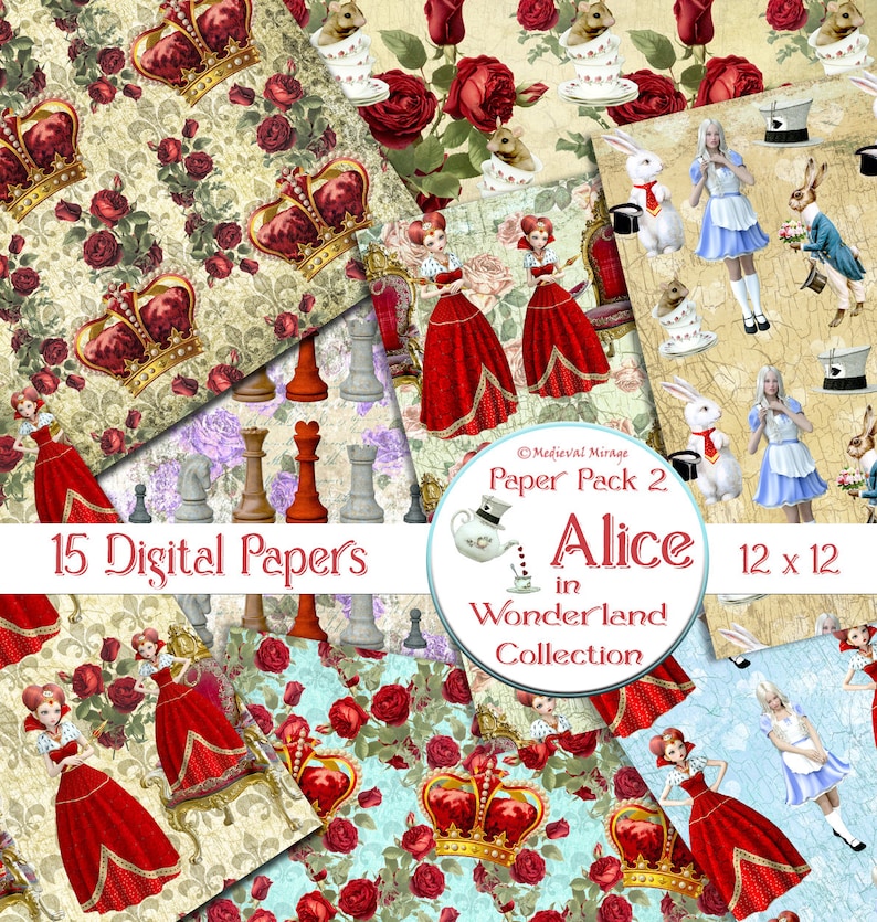 Alice in Wonderland Digital Paper Pack 2 Collection. White Rabbit. Mad ...