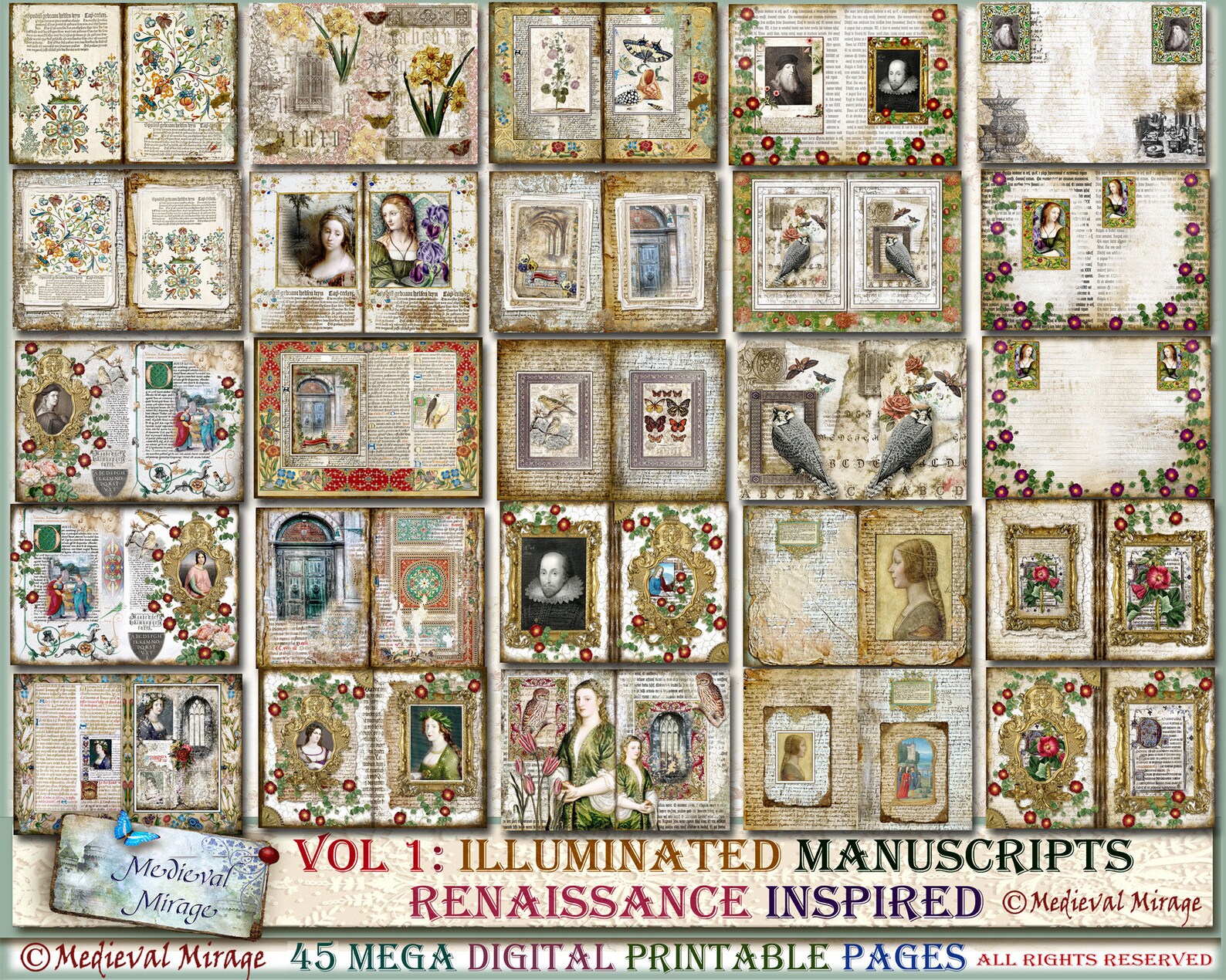 Vol 1: ILLUMINATED MANUSCRIPTS- RENAISSANCE Inspired. 45 Printables ...