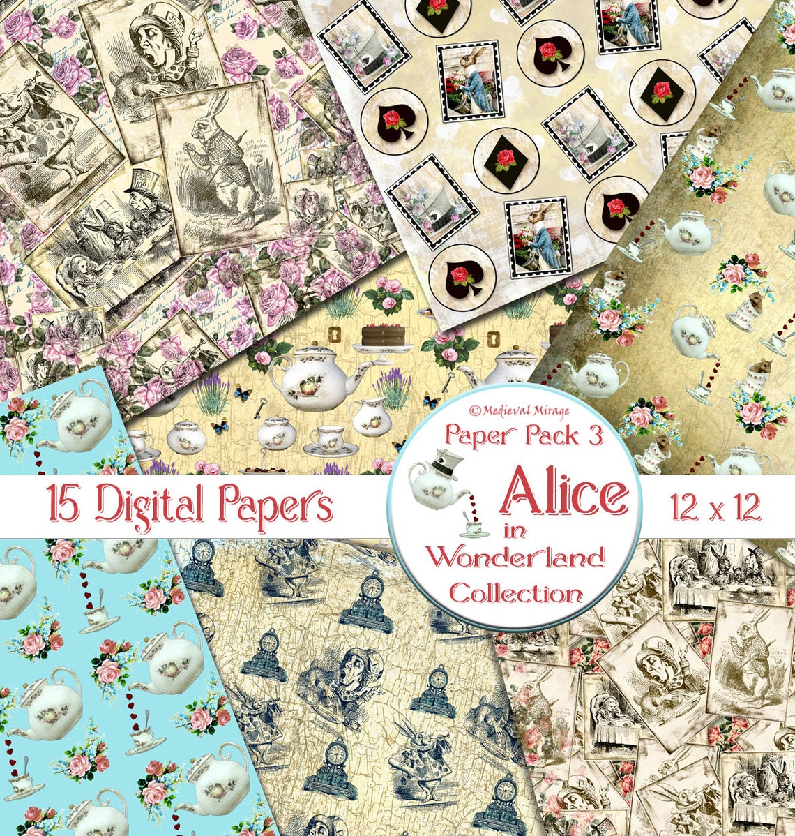 Alice in Wonderland Digital Paper Pack 3 Collection. White - Etsy UK