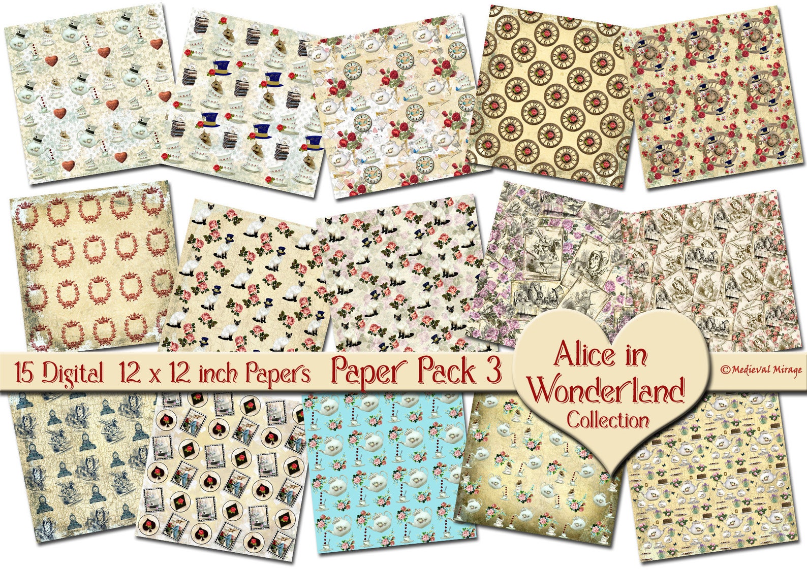 Alice in Wonderland Digital Paper Pack 3 Collection. White Rabbit. Mad ...
