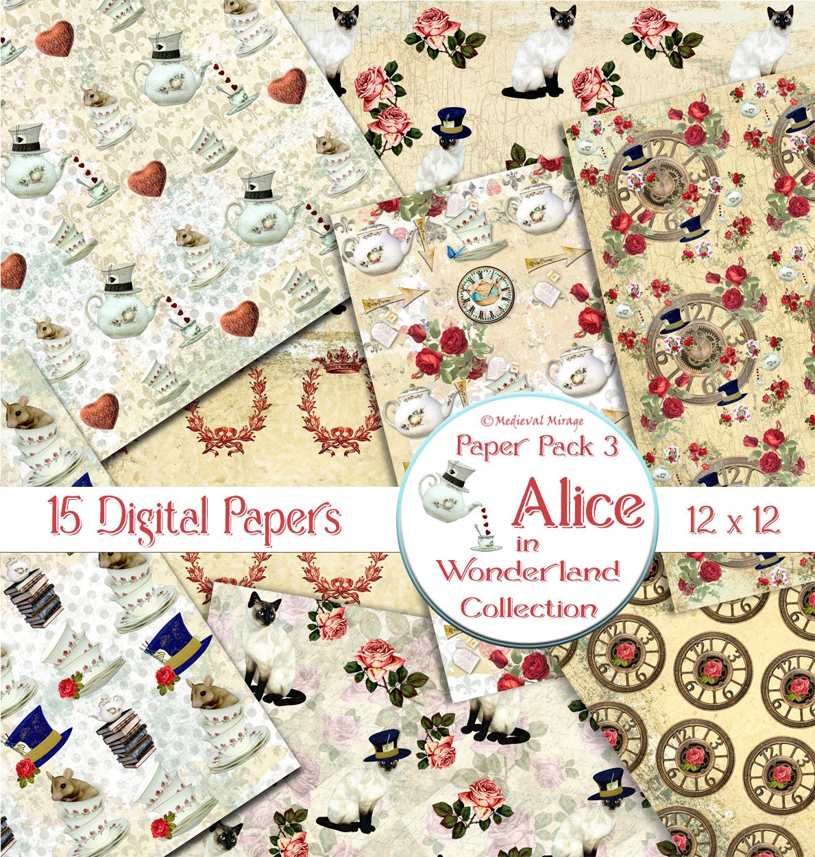 Alice in Wonderland Digital Paper Pack 3 Collection. White Rabbit. Mad ...