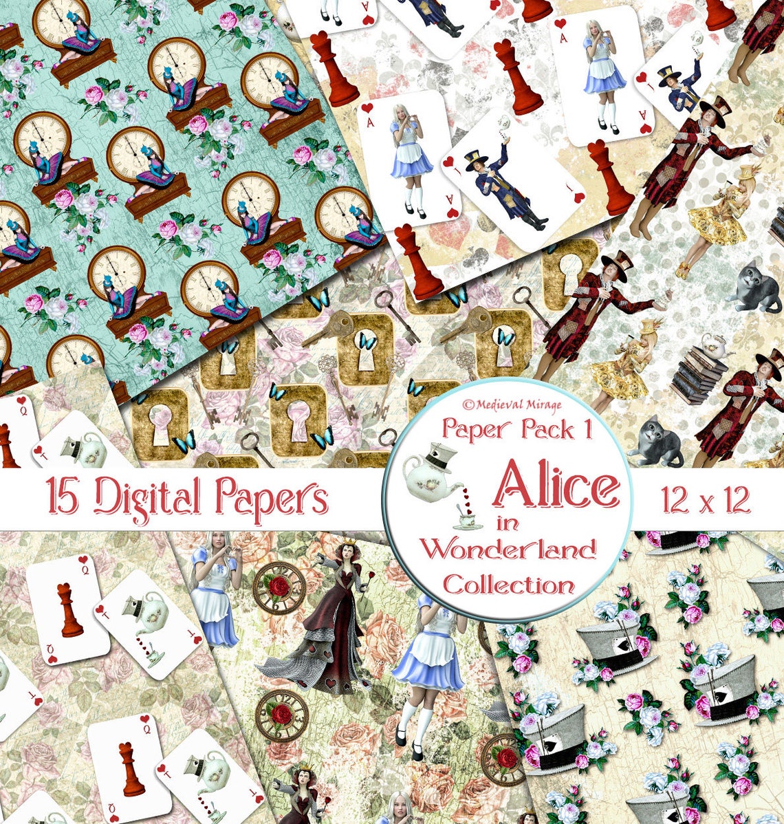 Alice in Wonderland Digital Paper Pack 1 Collection. White - Etsy