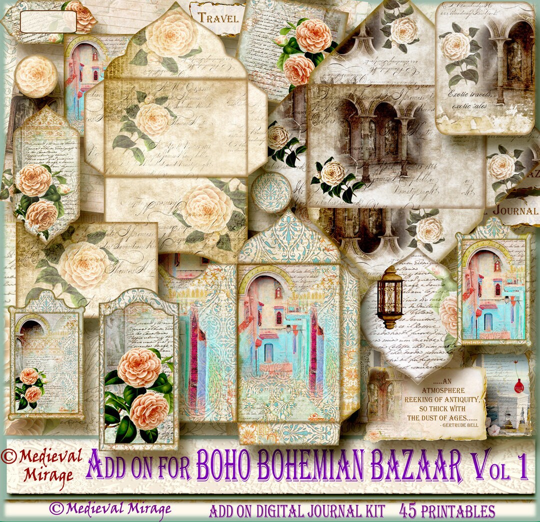 BOHO BOHEMIAN BAZAAR Vol 1- Add on Digital Junk Journal Kit. 45 ...