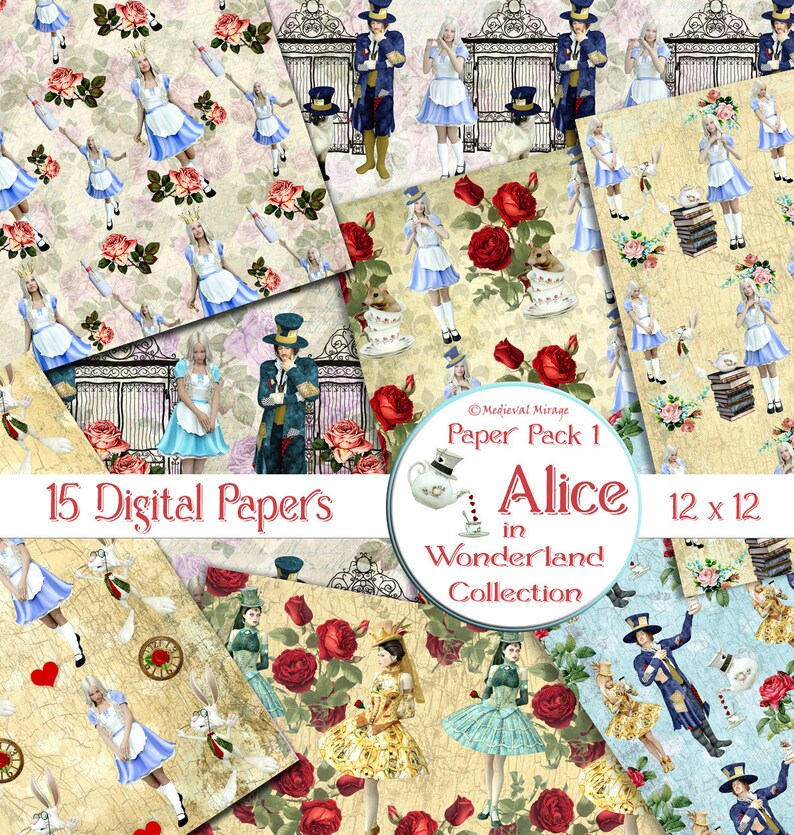 Alice in Wonderland Digital Paper Pack 1 Collection. White Rabbit. Mad ...