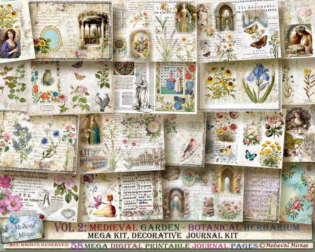 58 Digitals. Vol 2 MEDIEVAL GARDEN: Botanical, Herbarium Junk Journal ...