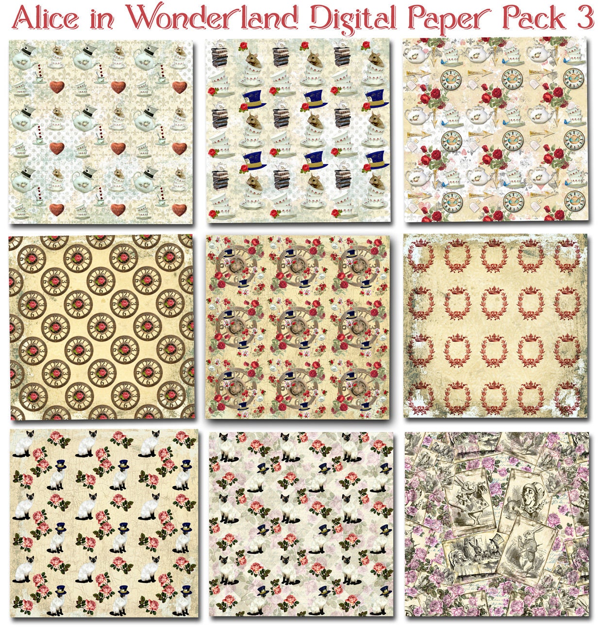 Alice in Wonderland Digital Paper Pack 3 Collection. White | Etsy