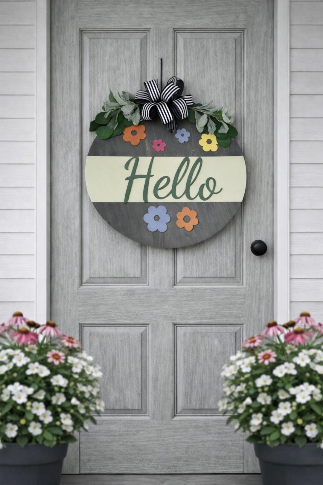 Hello Door Hanger: 20" Stained Wood, Floral Daisy Decor, Painted Wood ...
