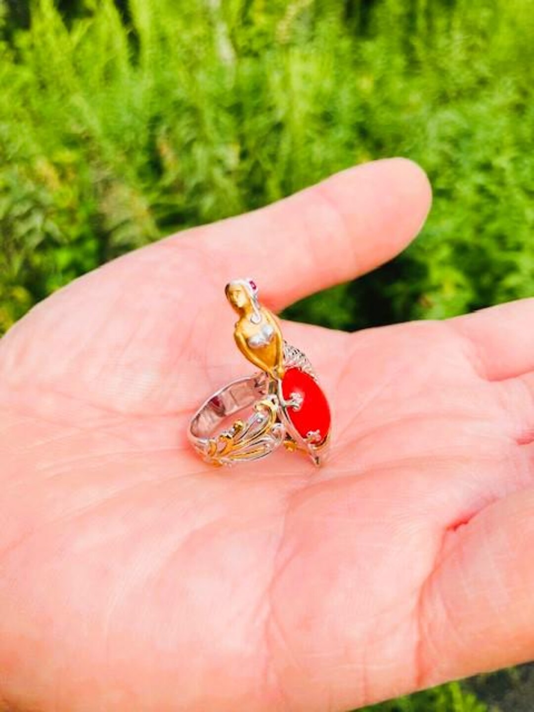 Estate Jewelry Find Goddess Red Coral and Ruby Mermaid Ring Hand Carved ...