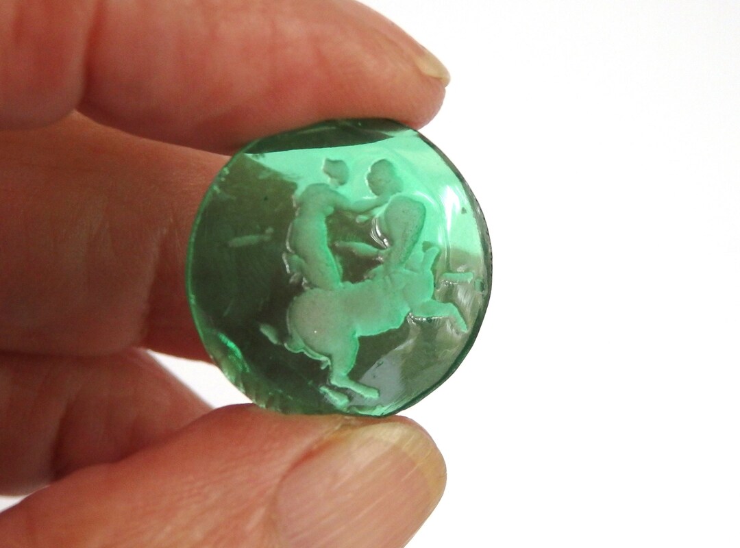 MAENAD & CENTAUR (chipped) Emerald Green Venetian Glass Intaglio, Round ~ 20mm ~ Loose Unset ...