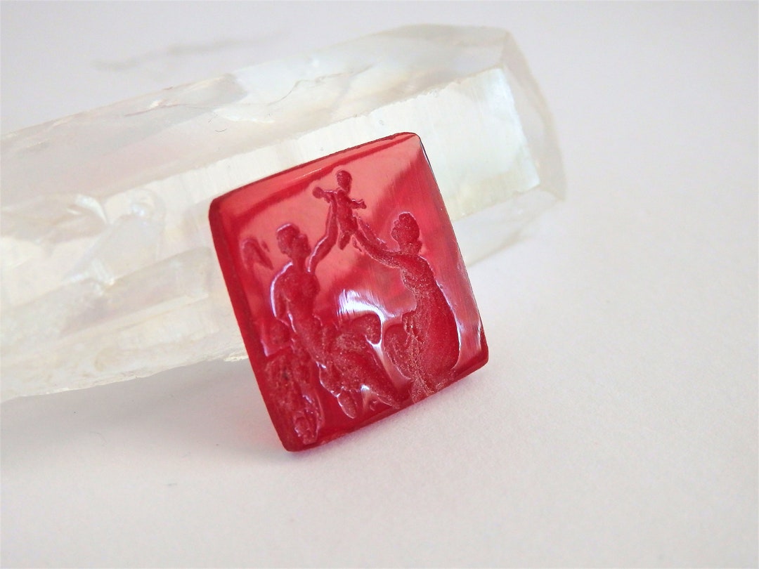 MOTHERHOOD SCENE Ruby Red Venetian Glass Intaglio, Square ~ 18mmx19mm ...
