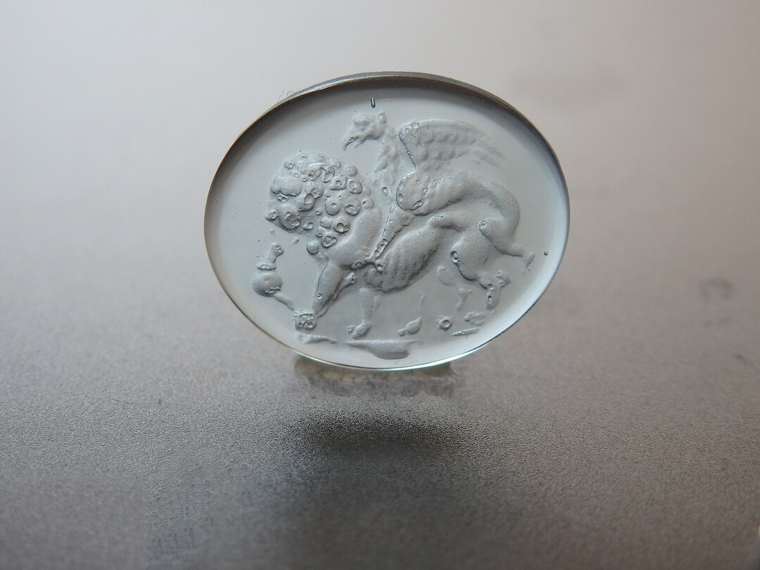 GRIFFIN and LION Pale Ice Blue Venetian Glass Intaglio, Oval ...