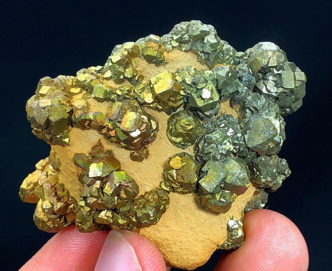 Natural Rainbow Color Pyrite Crystal on Yellow Limonite, Pyrite ...