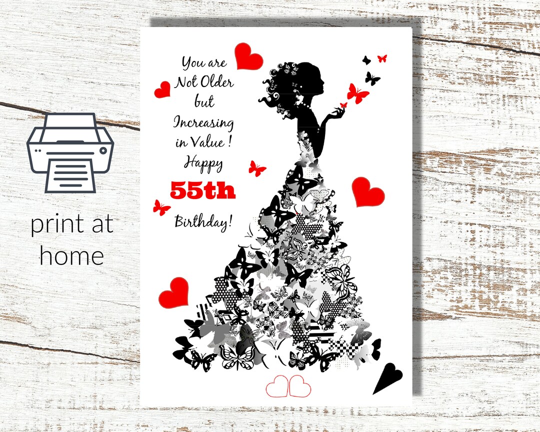Print at Home 55th Instant Download Birthday Greetings Card Butterfly ...