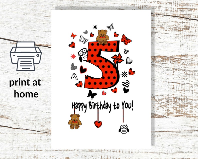 Print at Home 5th Birthday Instant Download Greetings Card Butterflies ...
