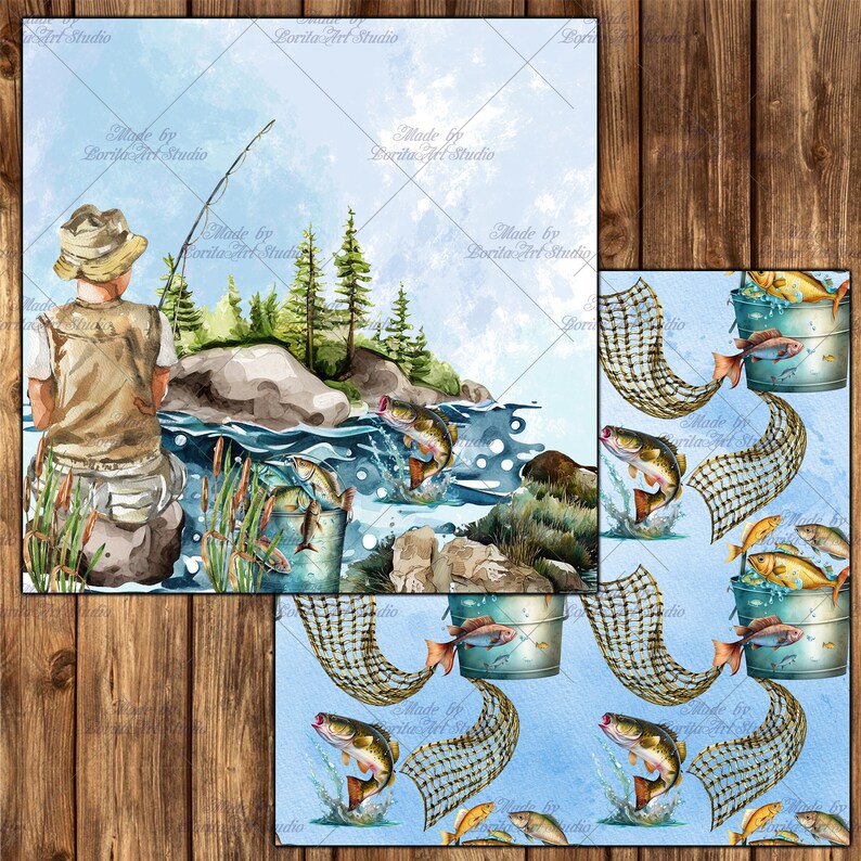 Fishing Day, Fisherman Collection, Fishing Digital Papers, Printable ...