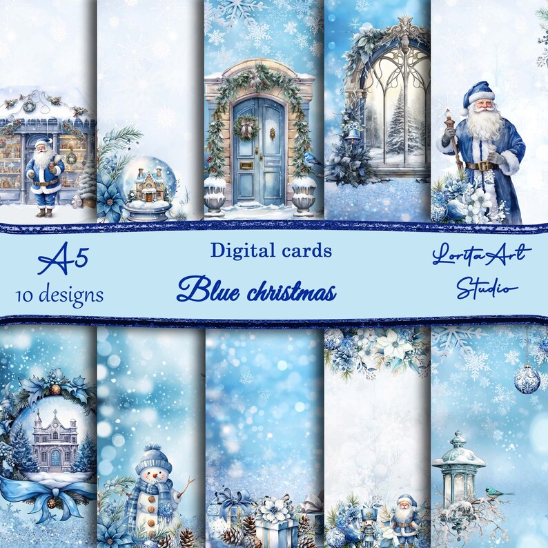 Blue Christmas Cards, A5 Format, Christmas Digital Cards, Xmas ...