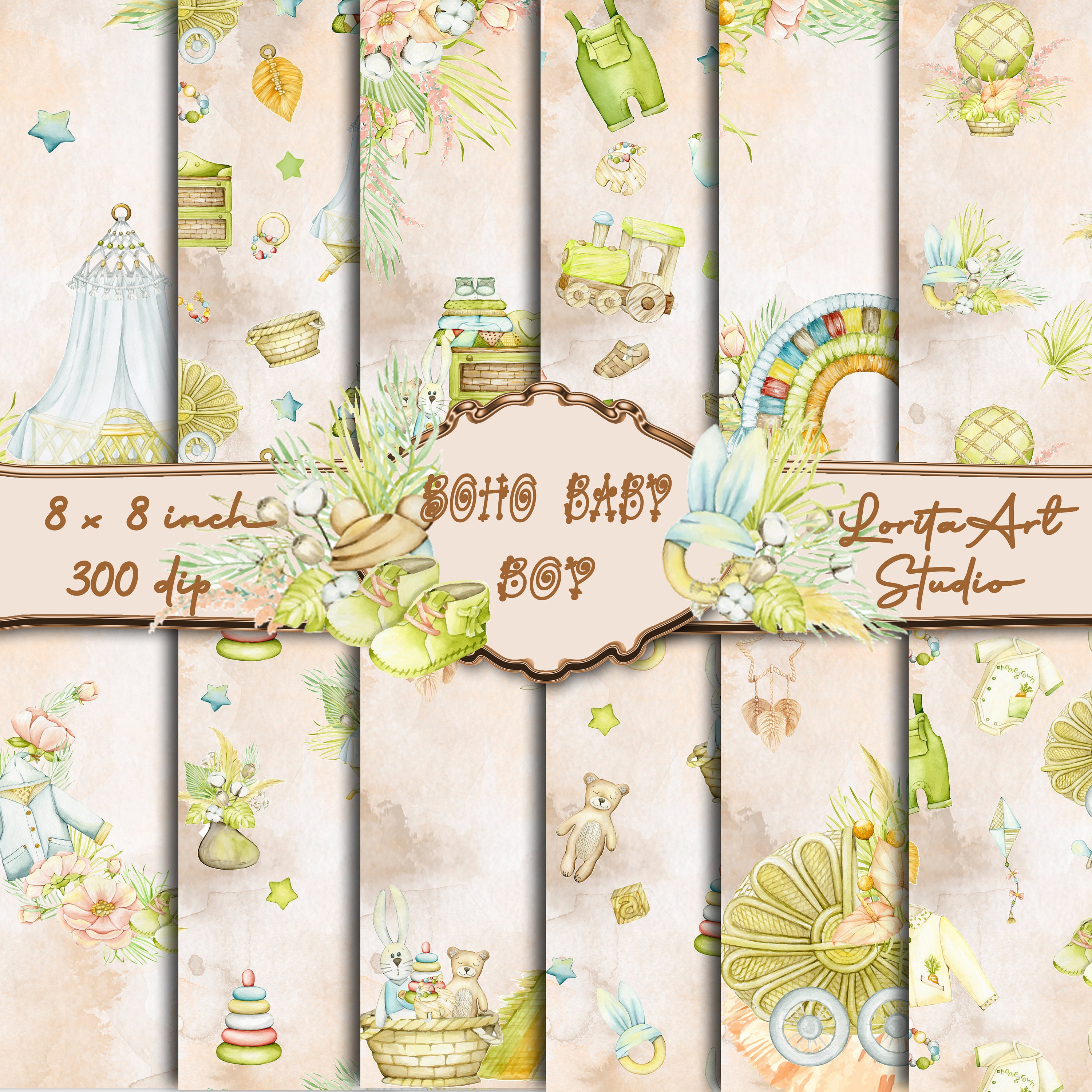 Boho Baby Boy, Baby Boy Digital Paper Pack, Baby Boy Collection ...