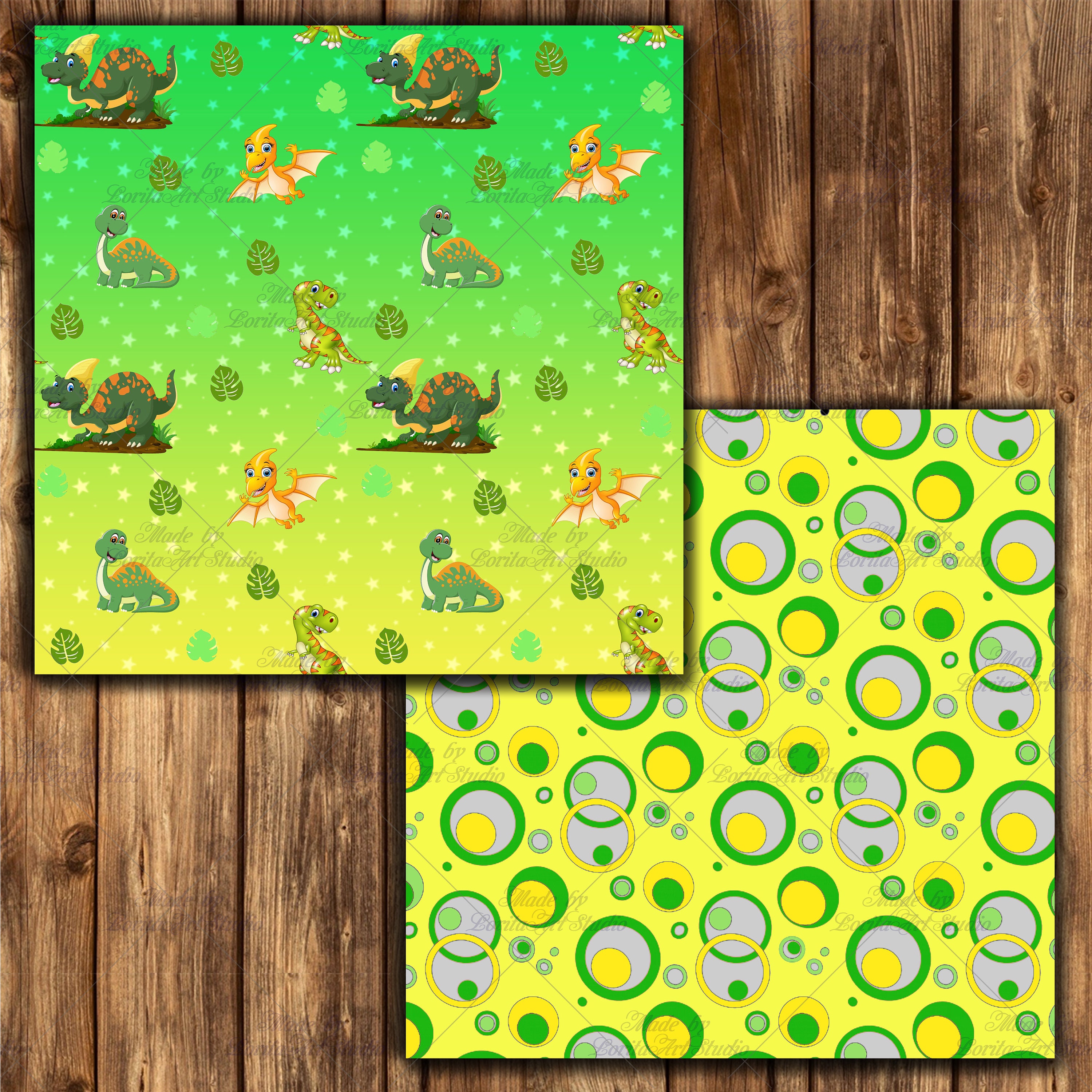 Dinosaur Kids Green and Yellow Digital Paper Pack,green and Yellow Baby ...