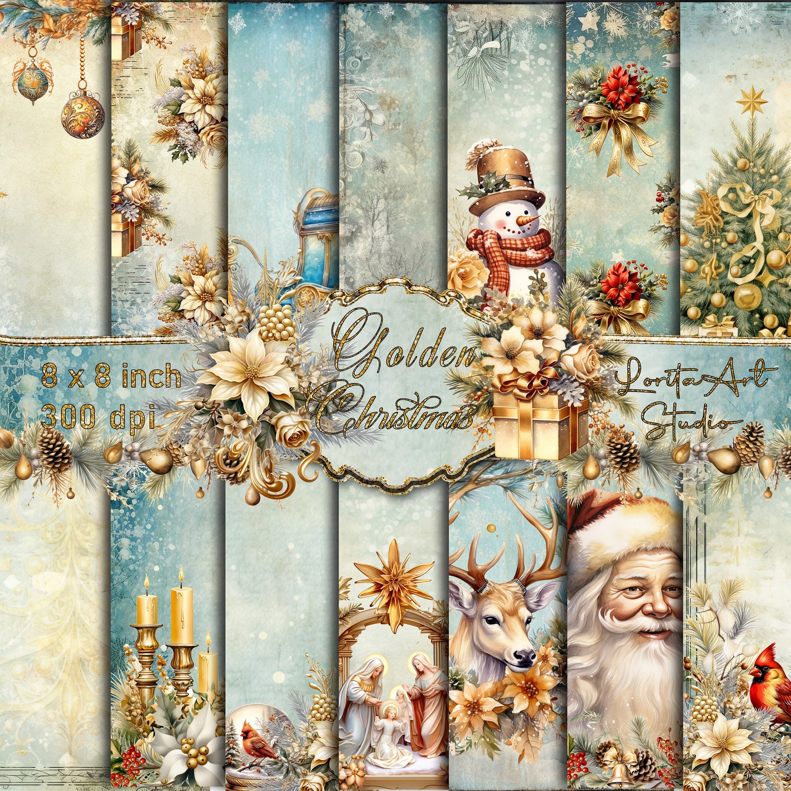 Golden Christmas, Christmas Digital Papers, Xmas Printable ...