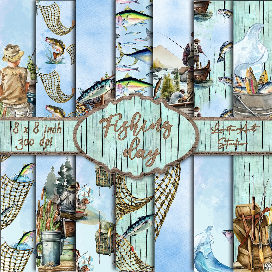 Fishing Day, Fisherman Collection, Fishing Digital Papers, Printable ...