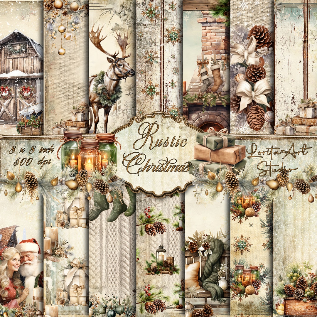 Rustic Christmas, Vintage Christmas Digital Papers, Classic Christmas ...