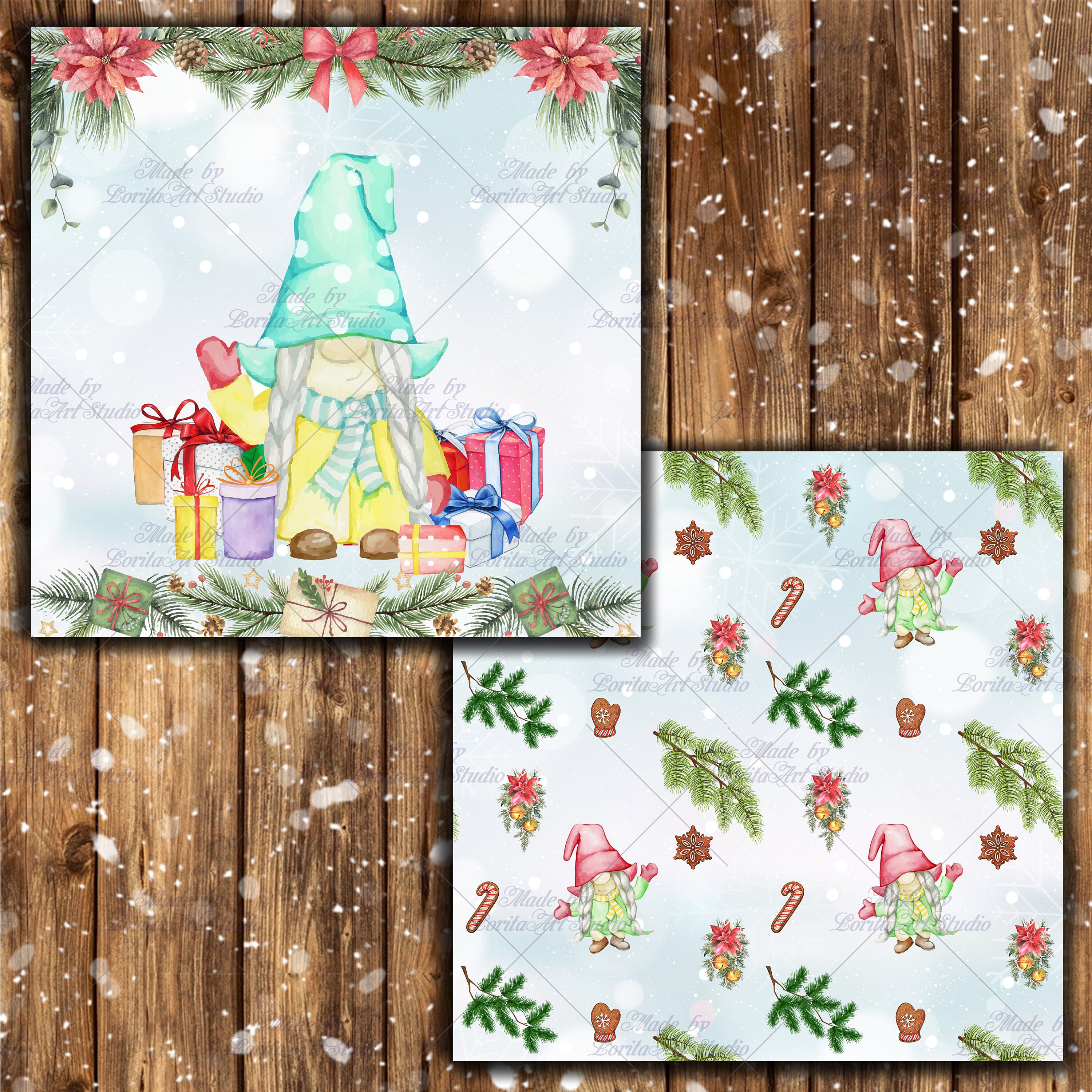 The Gnome's Christmas, Gnomes Christmas Digital Papers, Xmas Printable ...