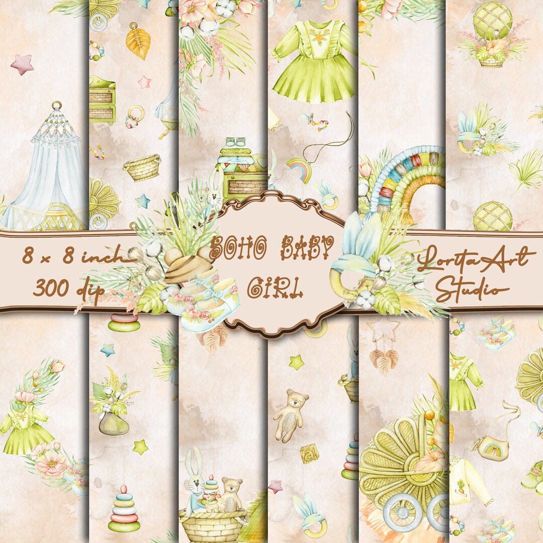 Boho Baby Girl, Baby Girl Digital Paper Pack, Baby Girl Collection ...