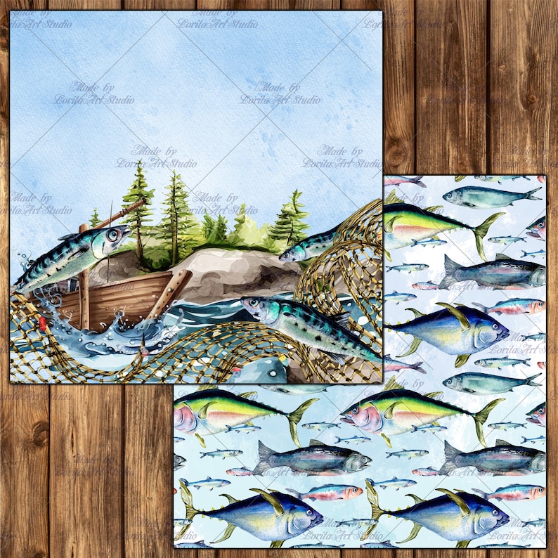 Fishing Day, Fisherman Collection, Fishing Digital Papers, Printable ...