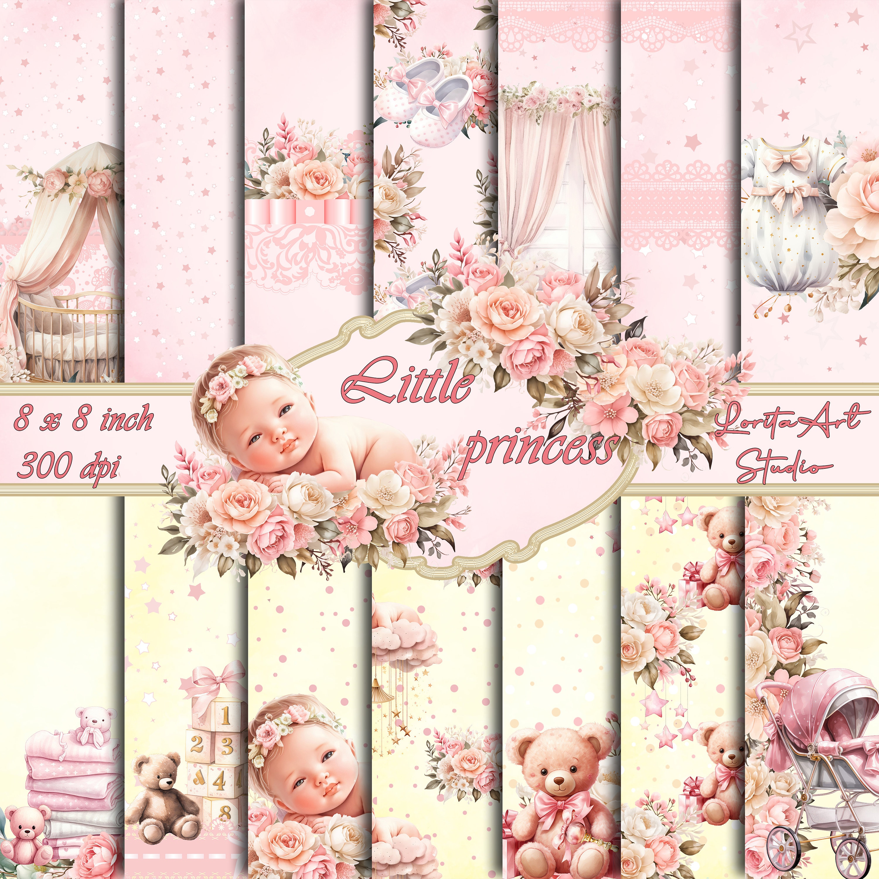 Little Princess , Baby Girl Digital Paper Pack, New Born Girl ...