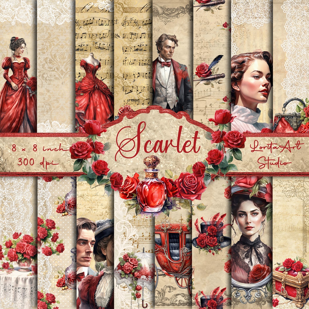 Scarlet Red Roses Vintage Digital Papers, Roses Papers, Printable ...