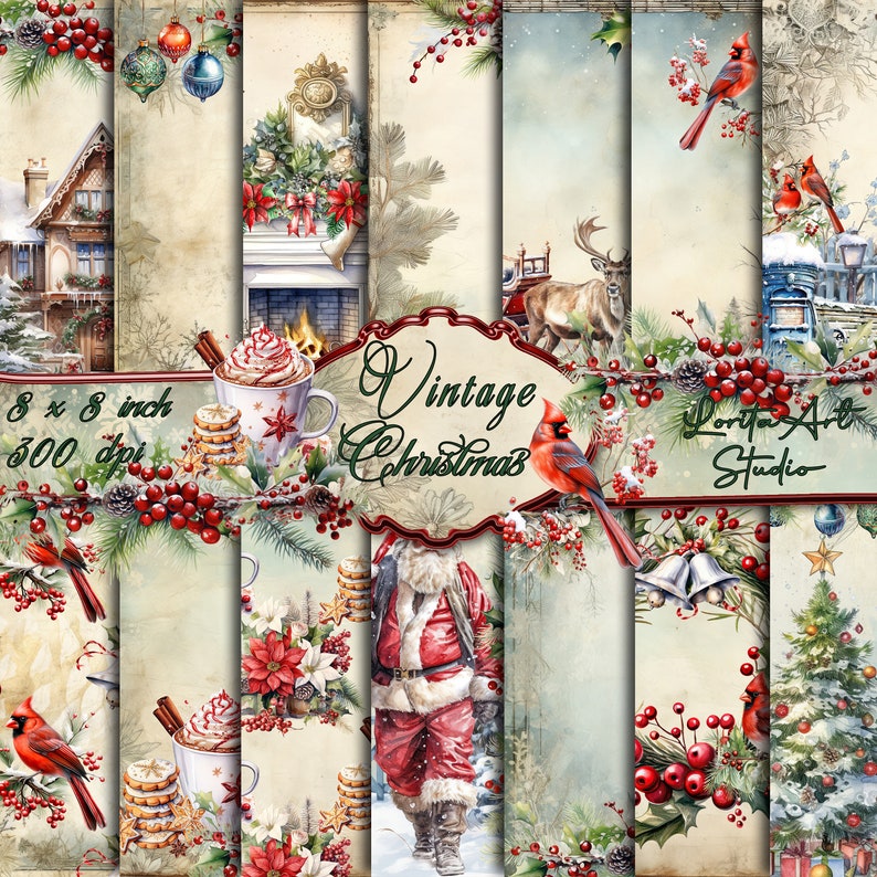 Vintage Christmas, Christmas Digital Papers, Xmas Printable ...