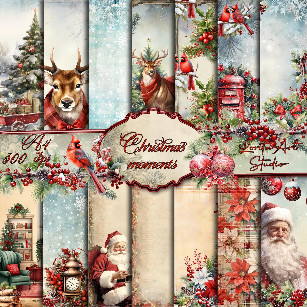 Christmas Moments A4 Format, Vintage Christmas Digital Papers, Classic ...