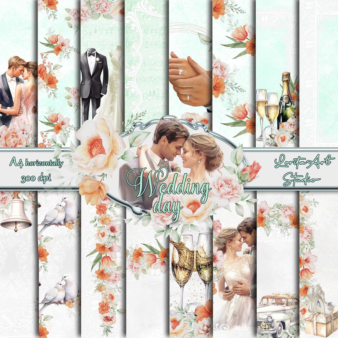 Wedding Day Digital Papers A4 Format- Horizontally, Spring Flowers ...