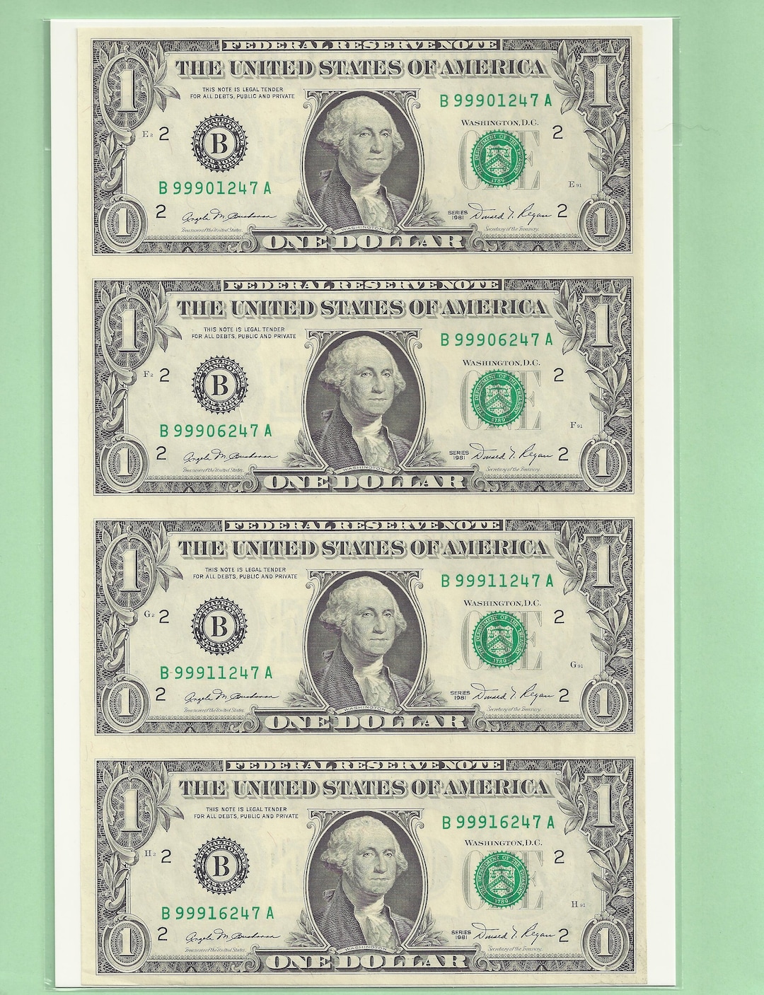 Vintage Genuine Uncut Sheet of Four One Dollar Bills - Legal to Own ...