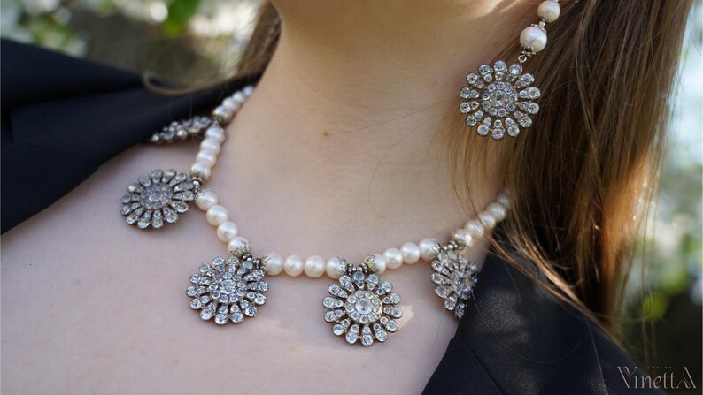 Victorian Pearl Necklace: Antique Silver Flower Bridal Jewelry - Etsy