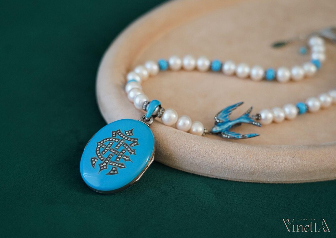 EVERLASTING DEVOTION Antique Blue Enamel AEI Monogram Pendant Necklace ...