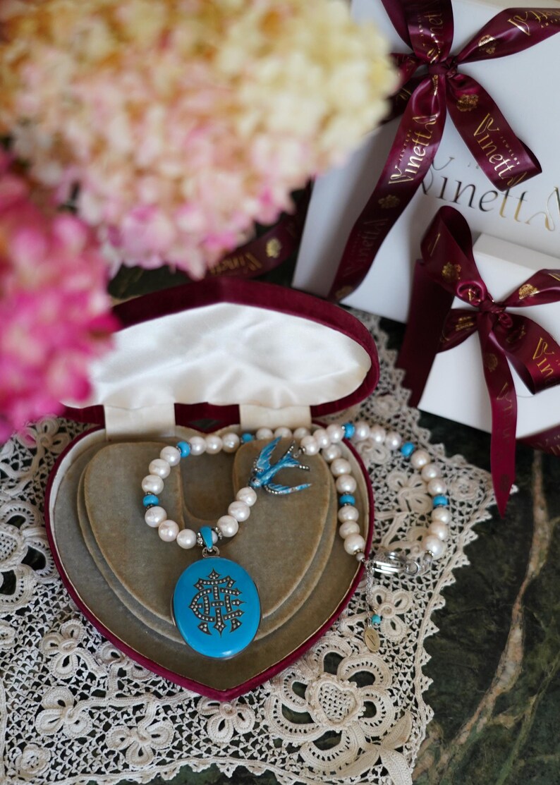 Antique Blue Enamel AEI Monogram Pendant Necklace Victorian Blue Enamel ...