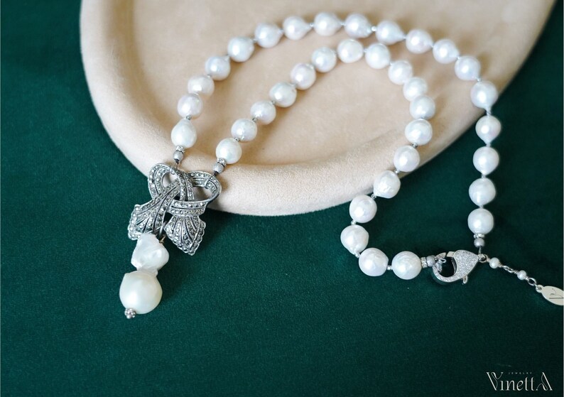 Art Deco Pearl Necklace With Silver Pendant And Baroque Pearl Art Deco Pearl Jewelry Pearl
