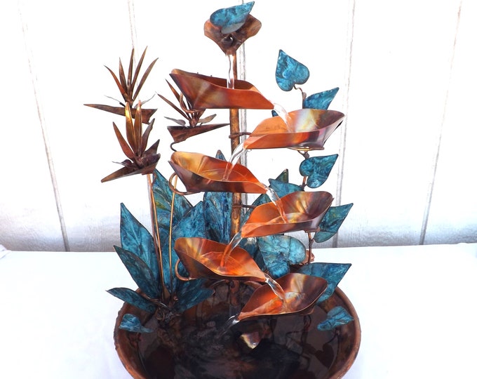Copper Water Fountain W/ Detailed Bird of Paradise Flowers & Fern ...