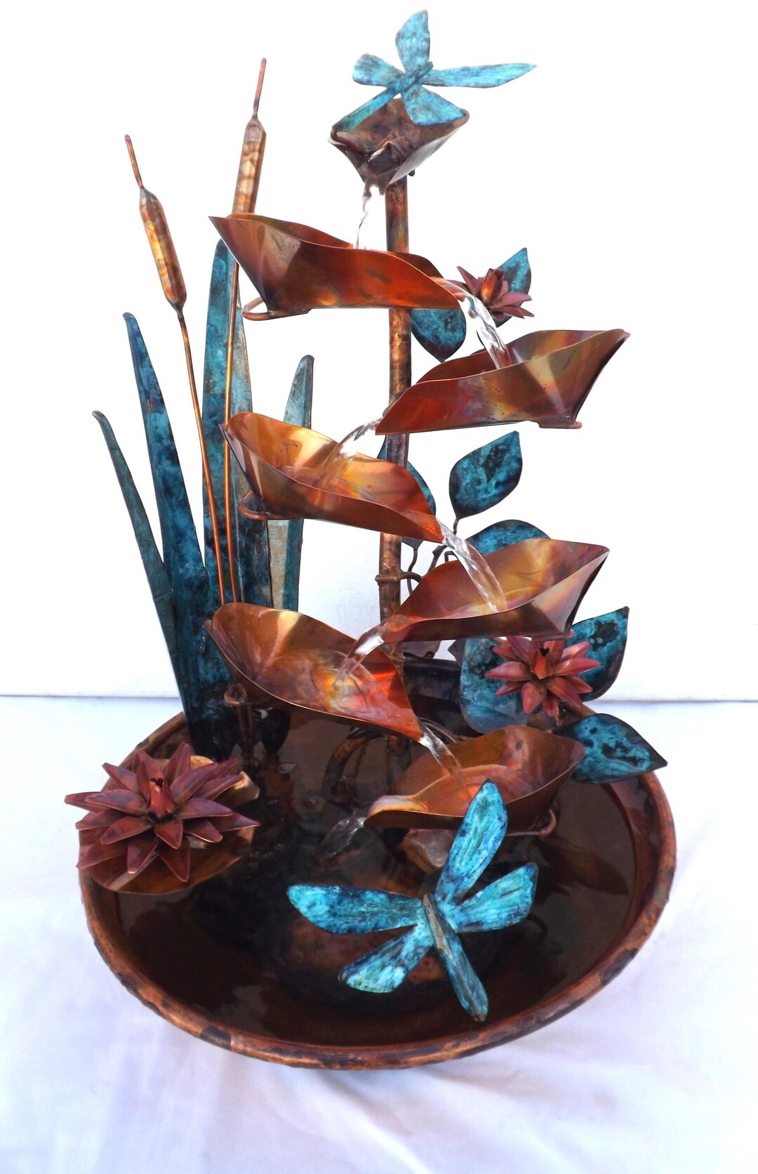 Water Fountain W/ Large Dragonflies, Cattails, Waterlilies, Leaves and ...