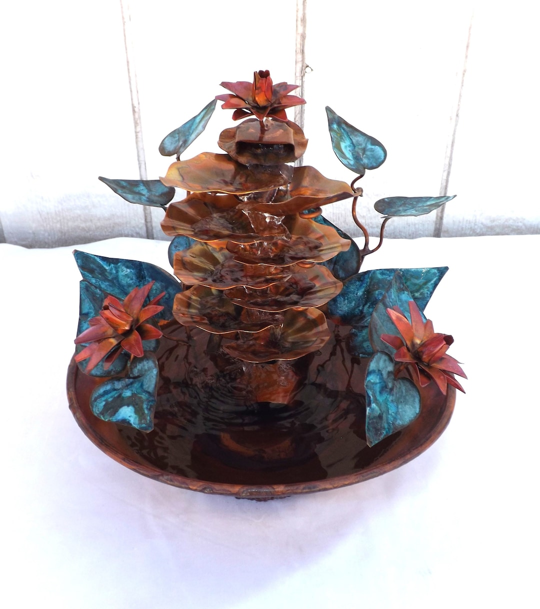 Copper Water Lily Pad and Flowers Waterfall, Small Size Tabletop ...
