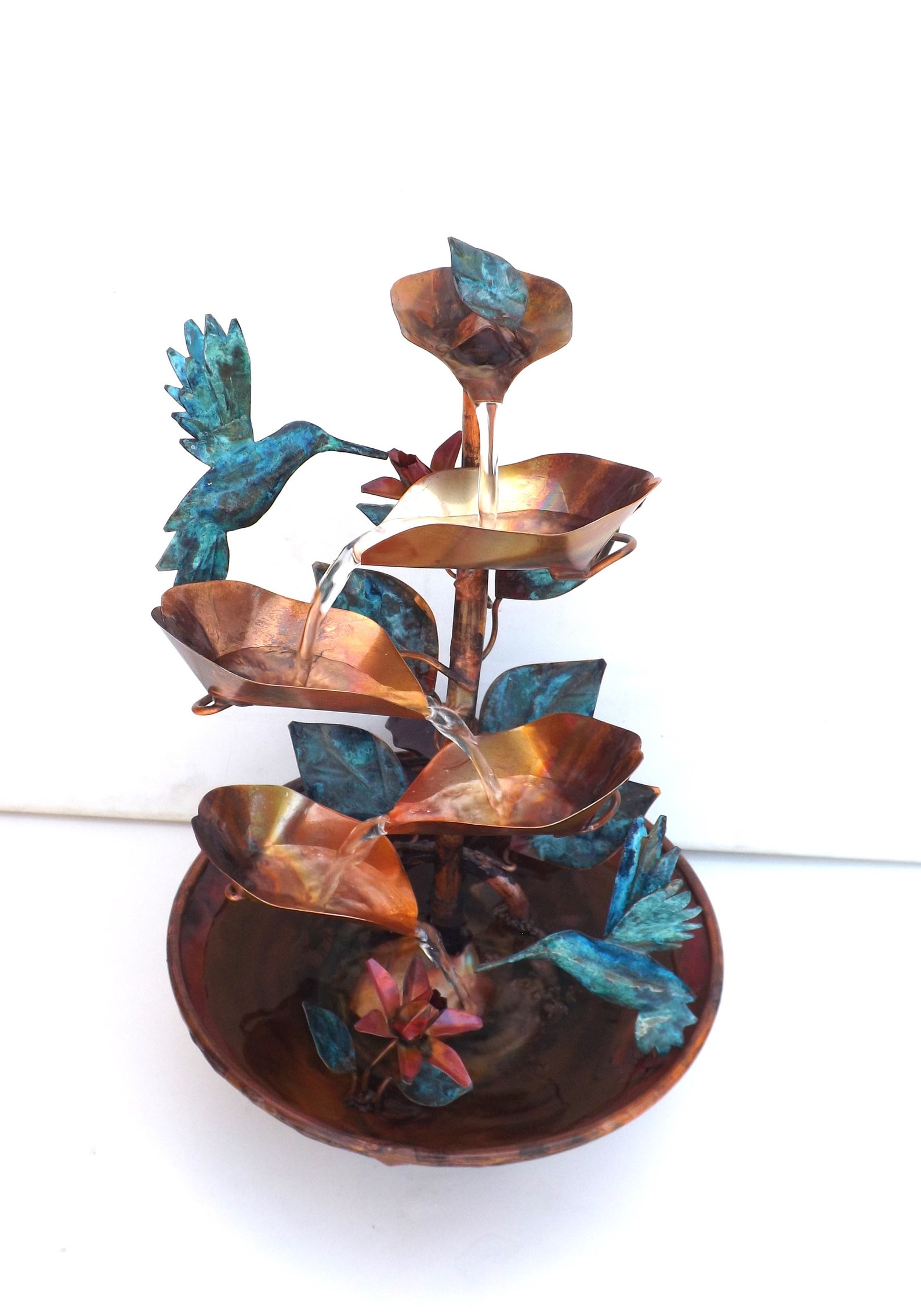 Copper Hummingbird Table Water Fountain, Hovering With Flowers for ...