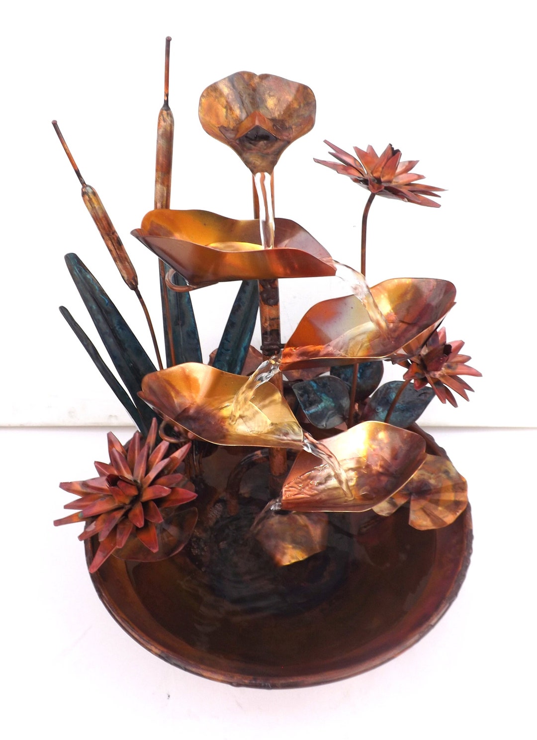 Copper Fountain, Detailed Water Lily Lotus Flowers, Cattails, and ...