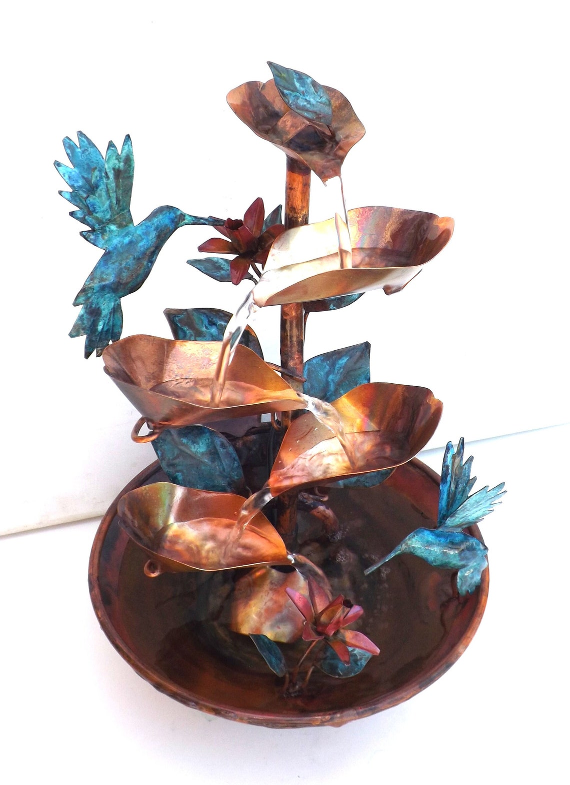 Copper Hummingbird Table Water Fountain, Hovering With Flowers for ...